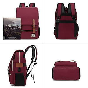 Mancio Vintage Slim Laptop Backpack for Women Men,Tear Resistant Business College Bag with USB Charging Port,Fits up to 15.6Inch Laptop in Red
