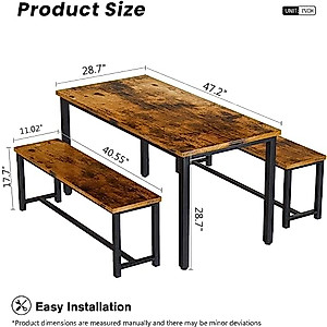 Recaceik 47” Dining Table Set with Benches, 3 Pieces Dining Room Table Set for 4, Wood Kitchen Table and Chair Set with Sturdy Frame, Space Saving Dinette Set for Breakfast Nook, Brown