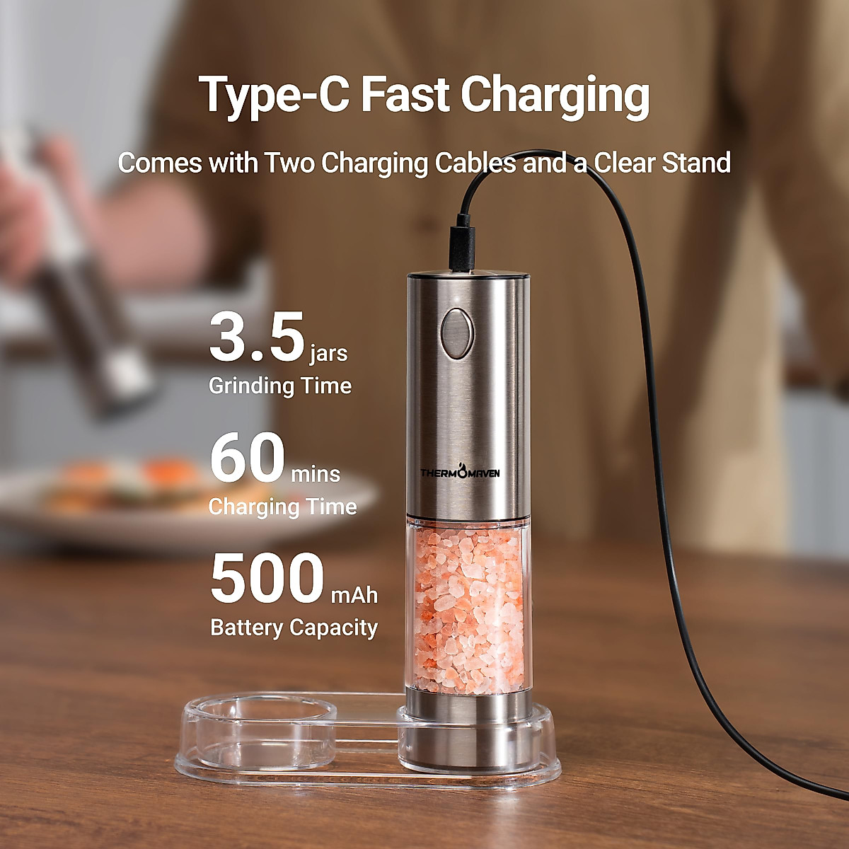 ThermoMaven Electric Salt and Pepper Grinder Set, 2.5 Oz Larger Rechargeable Automatic Salt and Pepper Mill Grinder with 6 Adjustable Coarseness, Electric Salt and Pepper Shakers, LED, 2 Packs, Silver