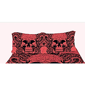 YSJ 3 PCS Skull Twin Full Queen King Duvet Cover Set with Zipper Closure,Ties-Black Red Skull Pattern Printed-King Size Bedding Set Comforter Protector Pillowcases (Queen)
