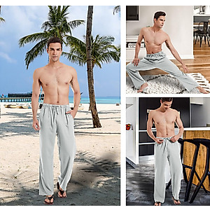 YuKaiChen Men's Linen Pants Yoga Sweatpants Beach Trousers Soft Casual Pants Light Grey Large