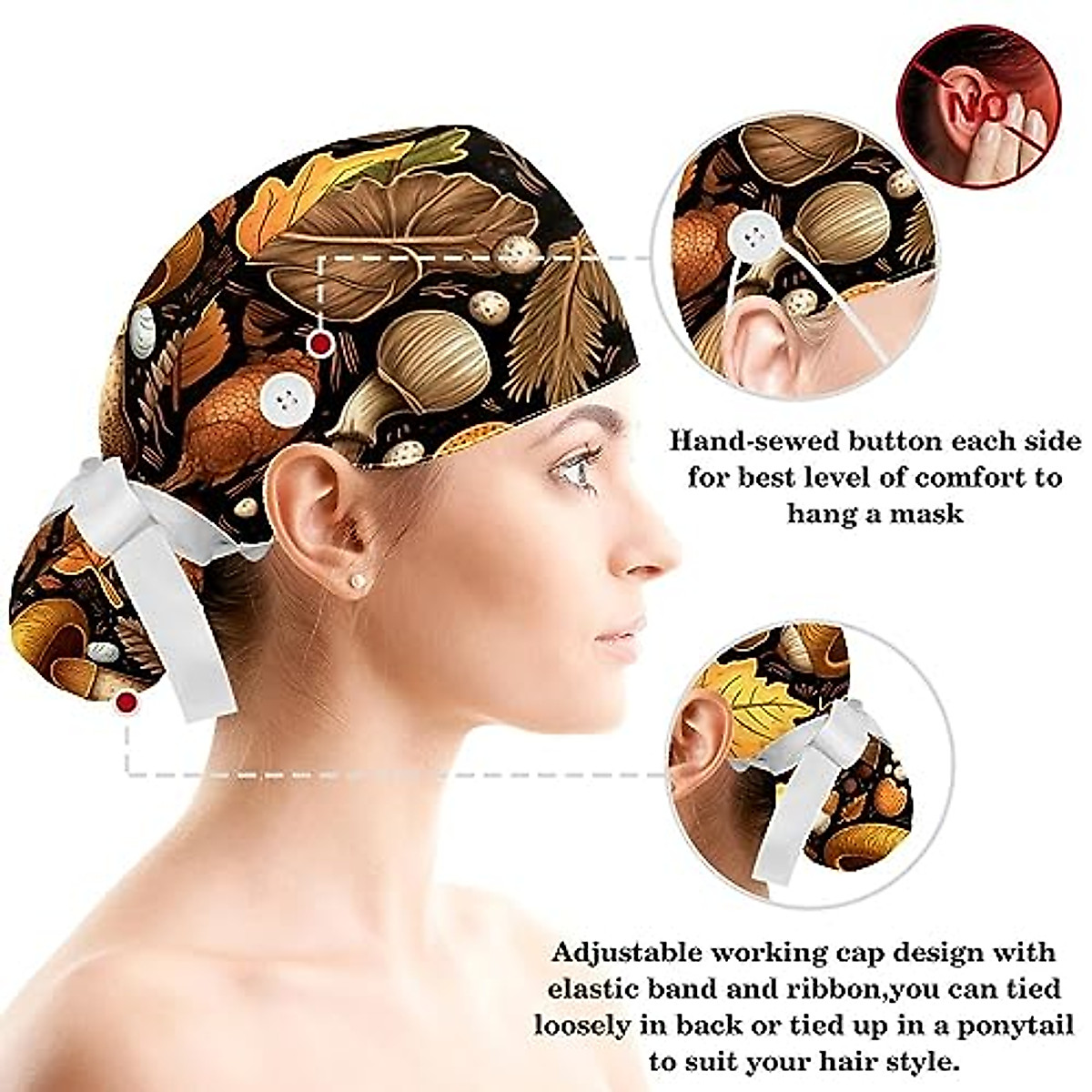 Thanksgiving Acorn Working Cap with Button Sweatband Adjustable Tie Back Bouffant Hats with Scrunchie