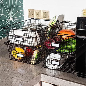 4 Pack Stackable Wire Storage Baskets With Handles,For Kitchen, Bathroom, Cabinets, Cupboards, Counter Top, Freezer & Pantry Organizer Bins, For Snacks, Drinks, Potatoes, Onions, Meat