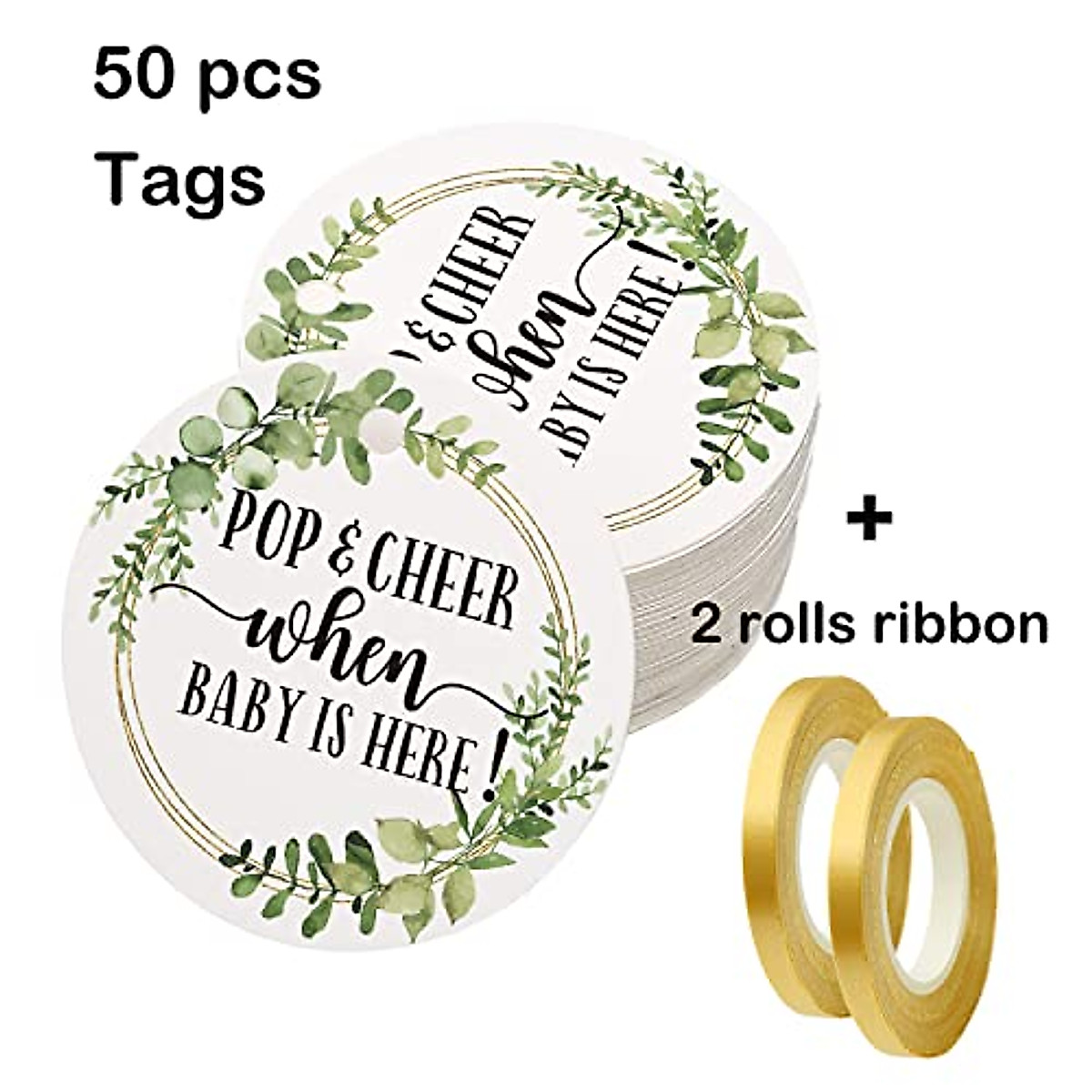 Baby Shower Mini Champagne Bottle Favor Tags, Pop and Cheer When Baby is Here Tags, Greenery Champagne Baby Shower Favor Tags, 2 Inches, 50 Count with Golden Ribbon