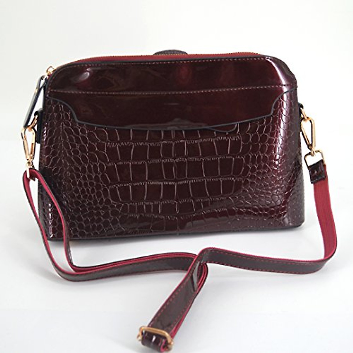 Goodbag Women Crocodile Pattern Leather Clutch Purse Multiple Pocket Evening Bag Crossbody Bag Handbag Wine Red