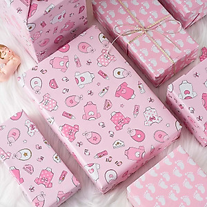 MAYPLUSS Baby Pink Girl Gift Wrap Paper - 17Inch x 33Feet - Cute Kid Pink Snapsuit, Bottle & Bayby Feet Baby Shower Wrapping Paper for Birthday Present, Gender Reveal Theme New Baby Party Decoration