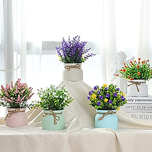 CEWOR 6pcs Fake Potted Plants Small Faux Plants Indoor Artificial Flowers Outdoor in Macaron Pot, Desk Plants for Home Indoor Bathroom Kitchen Shelf Office Decor