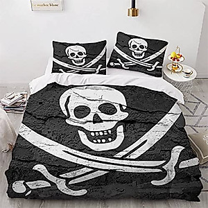 Quilt Cover Queen Size Pirate Flag 3D Bedding Sets Skull Duvet Cover Breathable Hypoallergenic Stain Wrinkle Resistant Microfiber with Zipper Closure,beding Set with 2 Pillowcase