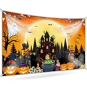 Avezano Happy Halloween Banner Spooky Halloween Backdrop Trick or Treat Halloween Banner Halloween Party Decorations Kids Outdoor 70.8x43.3 inch, Orange