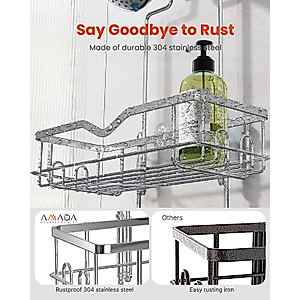 Amada Hanging Shower Caddy, Shower Caddy Over Shower Head, Rustproof Stainless Steel Shower Organizer with Soap Holder & Hooks, Shower Rack for Shampoo, Sponges, Towels, No Drilling Required, Silver