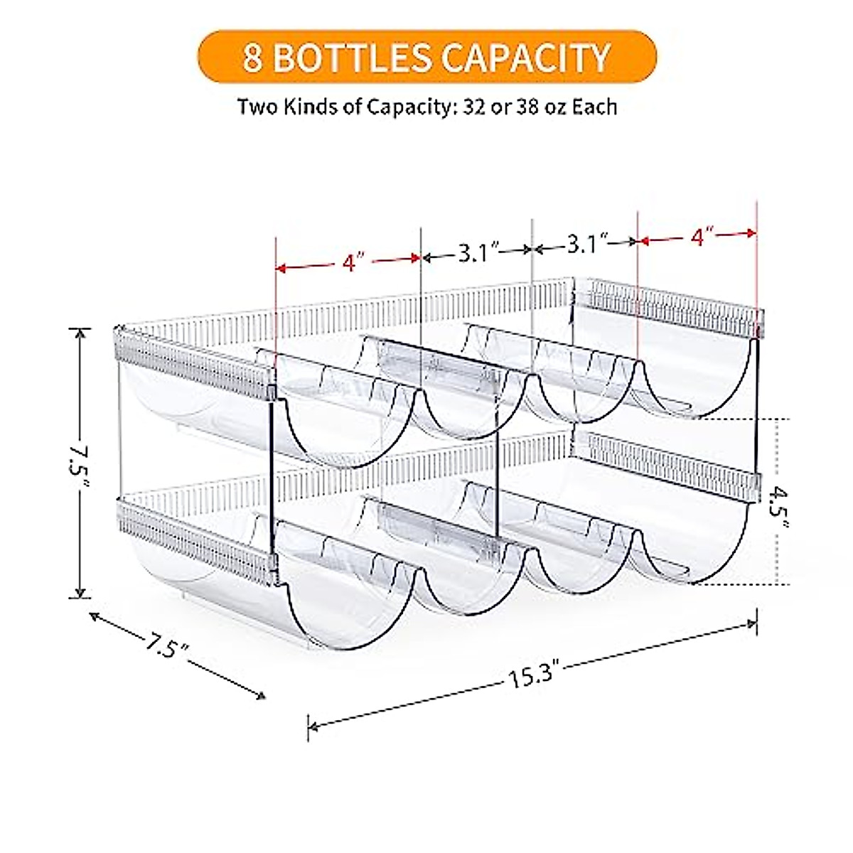 Water Bottle Organizer (Upgraded Widen), 2 Pack Stackable Plastic Water Bottle Cup Holder, Wine/Drink/Water Bottle Storage Stand for Kitchen Countertop, Cabinet, Freezer, Pantry, Hold 8 Containers