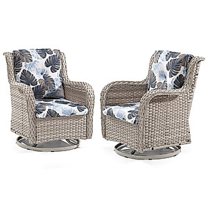 MeetLeisure Outdoor Swivel Rocker Wicker Chair Set of 2, High Back Swivel Patio Chairs Wicker Furniture, 2PCS Rattan Swivel Rocking Chairs with OIefin Cushions(Monstera Blue)