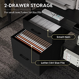 WASAGUN 2 Drawer Fabric File Cabinet, Rolling Printer Stand with Charging Station and 4 Open Storage Shelves, Mobile Lateral Filing Cabinet fits A4 or Letter Size, for Home Office, Brown