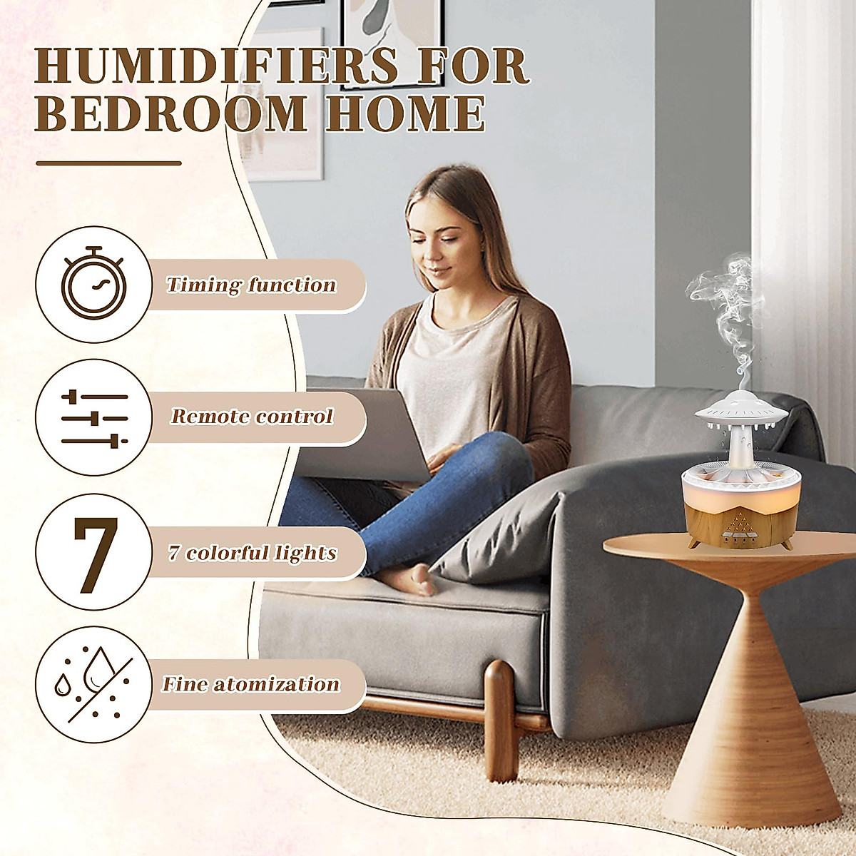 Rain Cloud Humidifier Water Drip, 7 Colors Night Rain Diffuser with Remote Control Timing, Mushroom Diffuser Lamp, Rain Sounds for Sleeping, Desk Fountain (Wood Grain)
