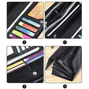 Dicihaya Large Capacity Clutch Purse Genuine Leather Women Wallet Long Double Zipper Wallets Multi Card Holder (Black)