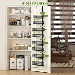 Over The Door Pantry Organizer 8-Tier Adjustable Tiers Hanging & Wall Mount Spice Rack,Metal Sheet Behind The Door Detachable Storage Shelf,8 Adjustable Baskets with 4 Sizes & Small Mesh for Kitchen