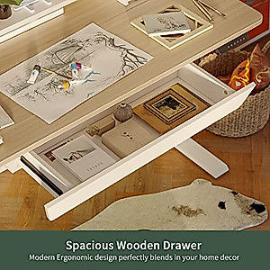 FEZIBO Standing Desk Adjustable Height with Drawers, 55 x 25 Inch Stand Up Desk with Storage Shelf, Electric Standing Desk with Storage Space, Light Walnut Top/White Frame