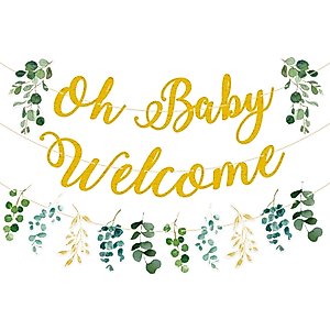 Gifloon Pre-Strung Baby Shower Decorations, Oh Baby Banner Welcome Baby Eucalyptus Leaves for Gender Geveal Party Decorations