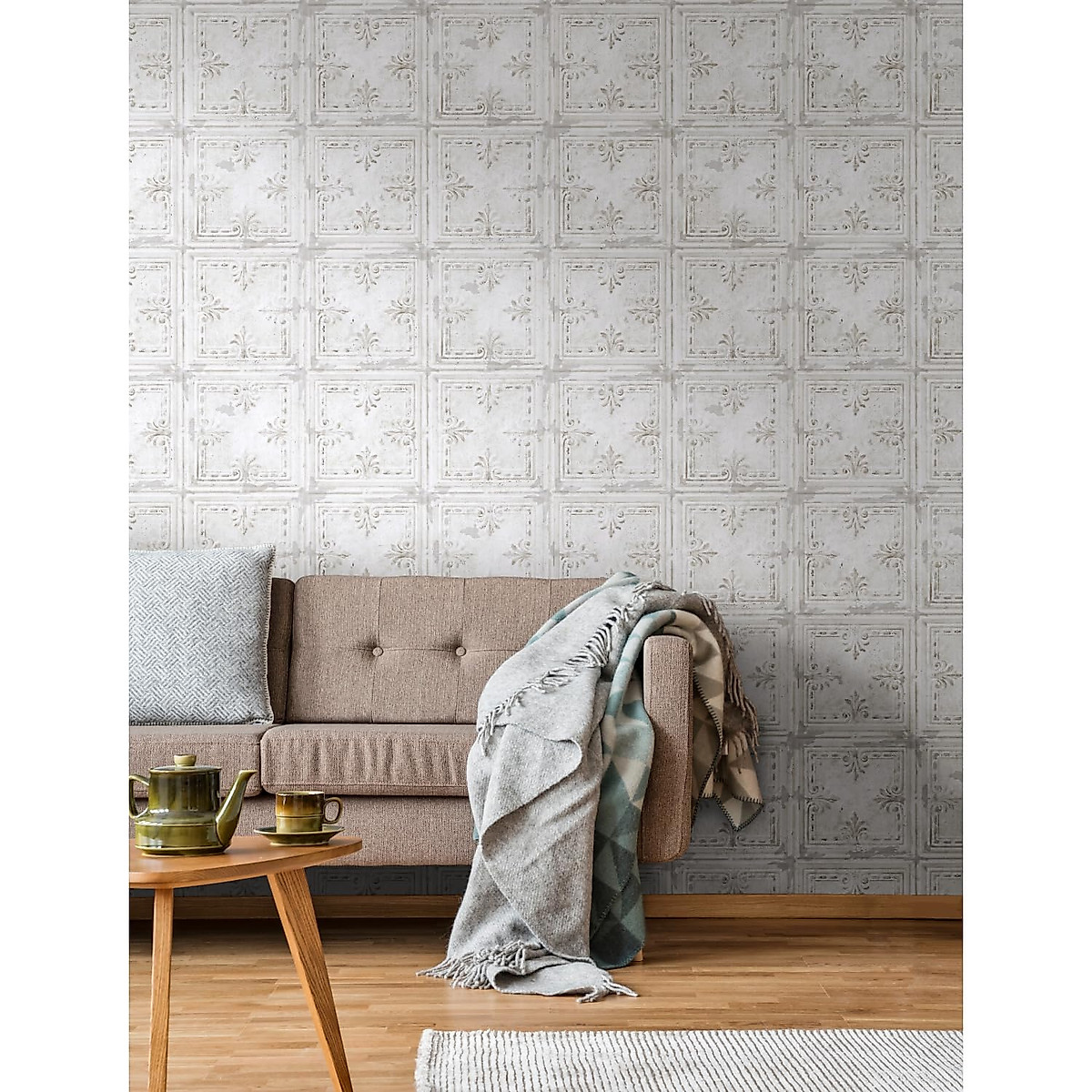 RoomMates RMK11209WP White Tin Tile Metallic Accent Peel and Stick Wallpaper, Roll