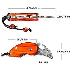 EZKIT Damascus Pocket Knife, Small Folding Wood Handle EDC Knife, Blade Length: 2in