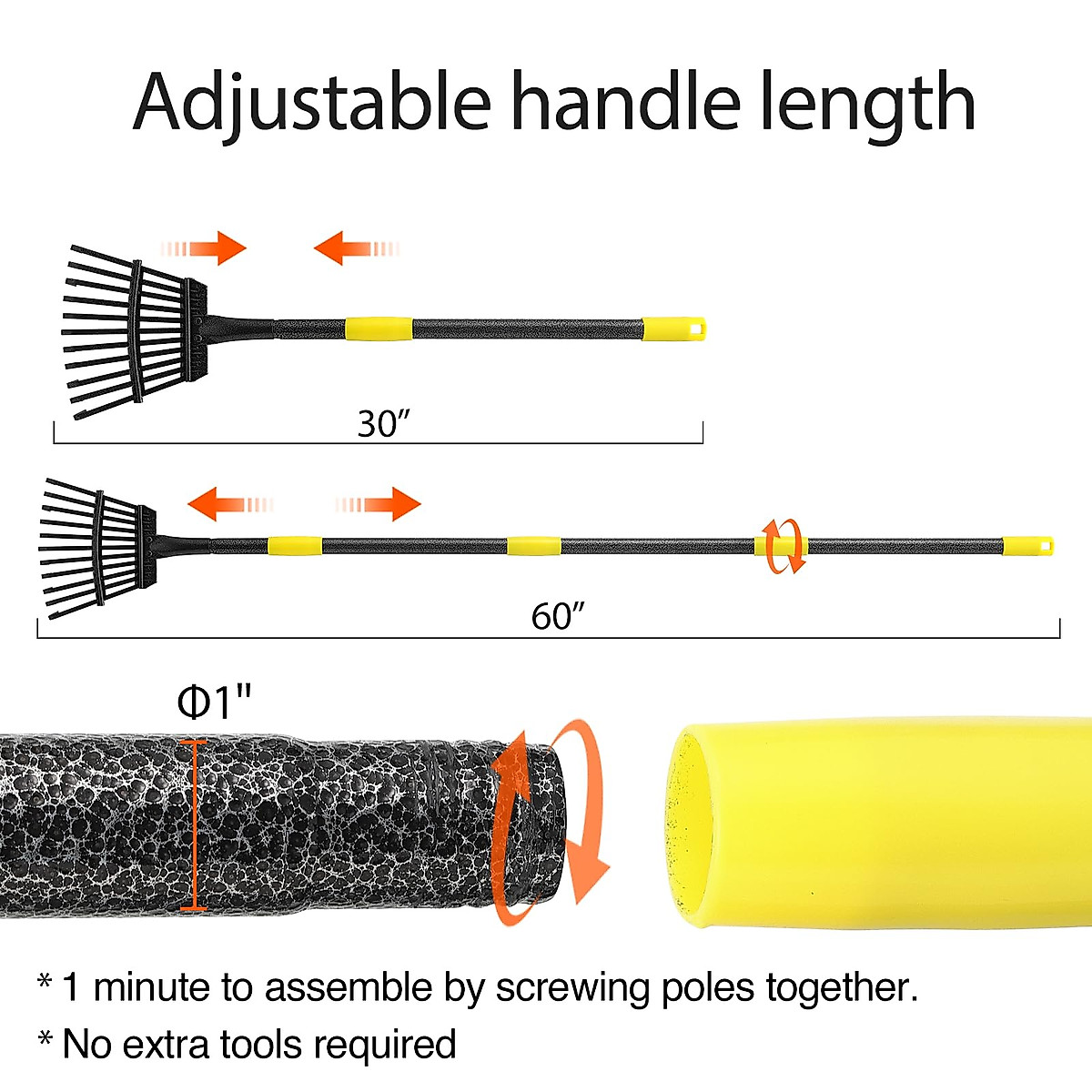 Oliynedy Leaf Rake for Gardening, Adjustable Metal Garden Rake for Leaves Long Handle 30-60", 11 Tines 9" Wide Small Lawn Collapsible Yard Adult Kids Rake for Camping Flower Beds Mulch Shrub