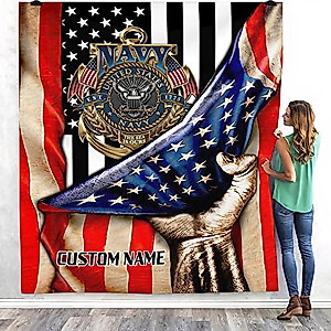 PAgree Personalized US Navy Blanket - Gift Military Tapestry Throw Military Insignia Fleece Blankets Navy Blue Fleece Throw Blankets for Bed Sofa Living Room Soft Blanket Warm Cozy Fluffy Throw (UN1)