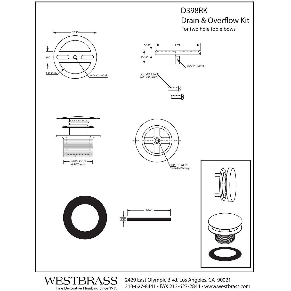 Westbrass D398RK-50-20 1-1/2" NPSM Coarse Thread Mushroom Tip-Toe Bathtub Drain Stopper with Illusionary Overflow Faceplate, Stainless Steel (50-Pack)