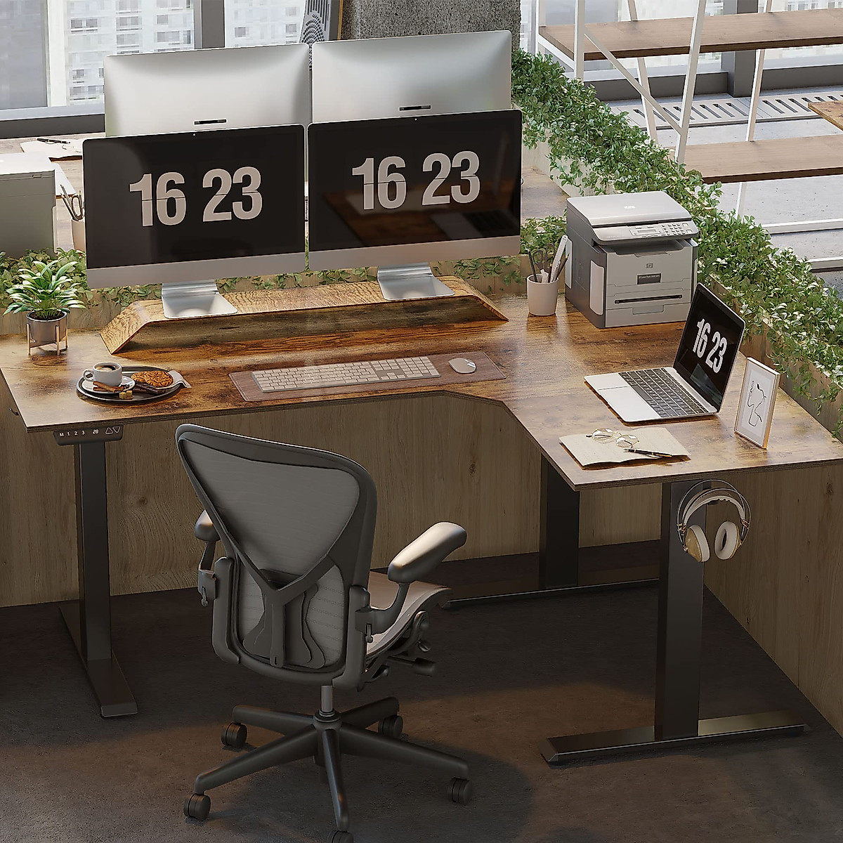 FEZIBO Triple Motor L-Shaped Standing Desk and Anti Fatigue Balance Board(Medium) for Standing Desk Bundle