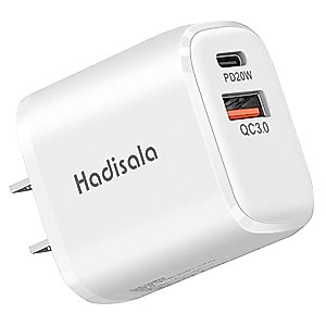 USB C Fast Charger, Hadisala 20W Dual-Port PD USB C/QC 3.0 Wall Charger, Portable Travel Power Adapter Cell Phone Charger Compatible with iPhone 14 Pro Max/Mini, iPad Pro, AirPods Pro, Galaxy and More
