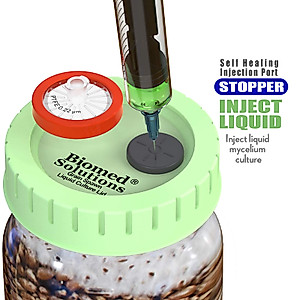 6Pcs Regular Mouth Mushroom Liquid Culture Lid, Grain Spawn Cultivation Mason Jar Lid with 0.2 micron PTFE Syringe Filter & 20mm Self Healing Injection Ports For Mushroom Growing Mycology