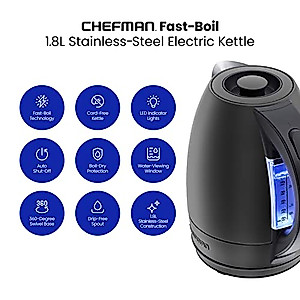 Chefman Electric Kettle, 1.8 Liter Stainless Steel Electric Tea Kettle Water Boiler with Automatic Shutoff, LED Lights, Boil-Dry Protection, Hot Water Electric Kettles for Boiling Water, Black