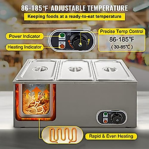 Commercial Food Warmer 110V, 3-Pan Electric Steam Table, Stainless Steel Buffet Bain Marie 16 Quart for Catering and Restaurants