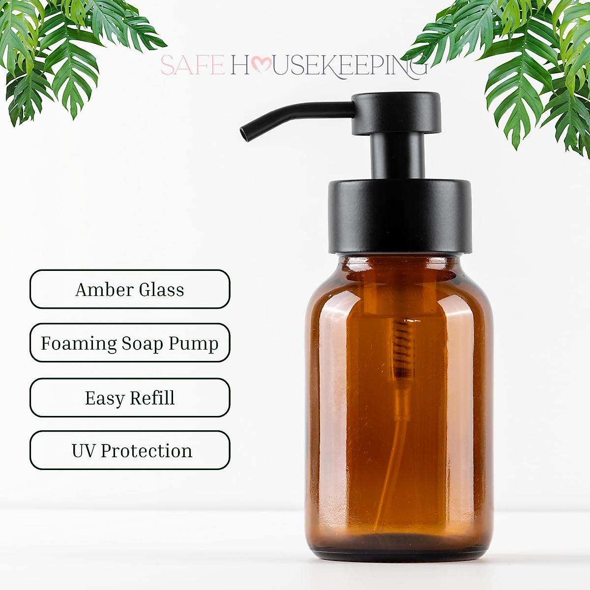 Refillable Foaming Soap Dispensing Bottle - Amber Glass - Matte Black Stainless Steel Foaming Pump - Apothecary Style for Modern bathrooms and Kitchens (Includes Labels)