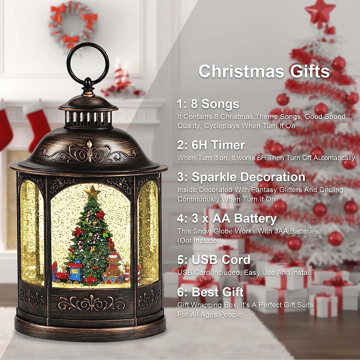 Ponsonbay Christmas Musical Snow Globe Lantern Lighted Snow Globe Lantern with 6H Timer USB Powered & Battery Operated Spinning Water & Swirling Glitter 8 Songs (L-Christmas Tree-Black)