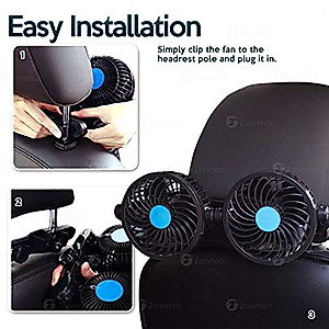 Car Cooling Air Fan 12V- Zone Tech 12V Dual Head Car Auto Electric Cooling Air Fan for Rear Seat - Powerful Quiet 2 Speed 360 Degree Rotatable 12V Ventilation Rear Seat with Kids Safe Design
