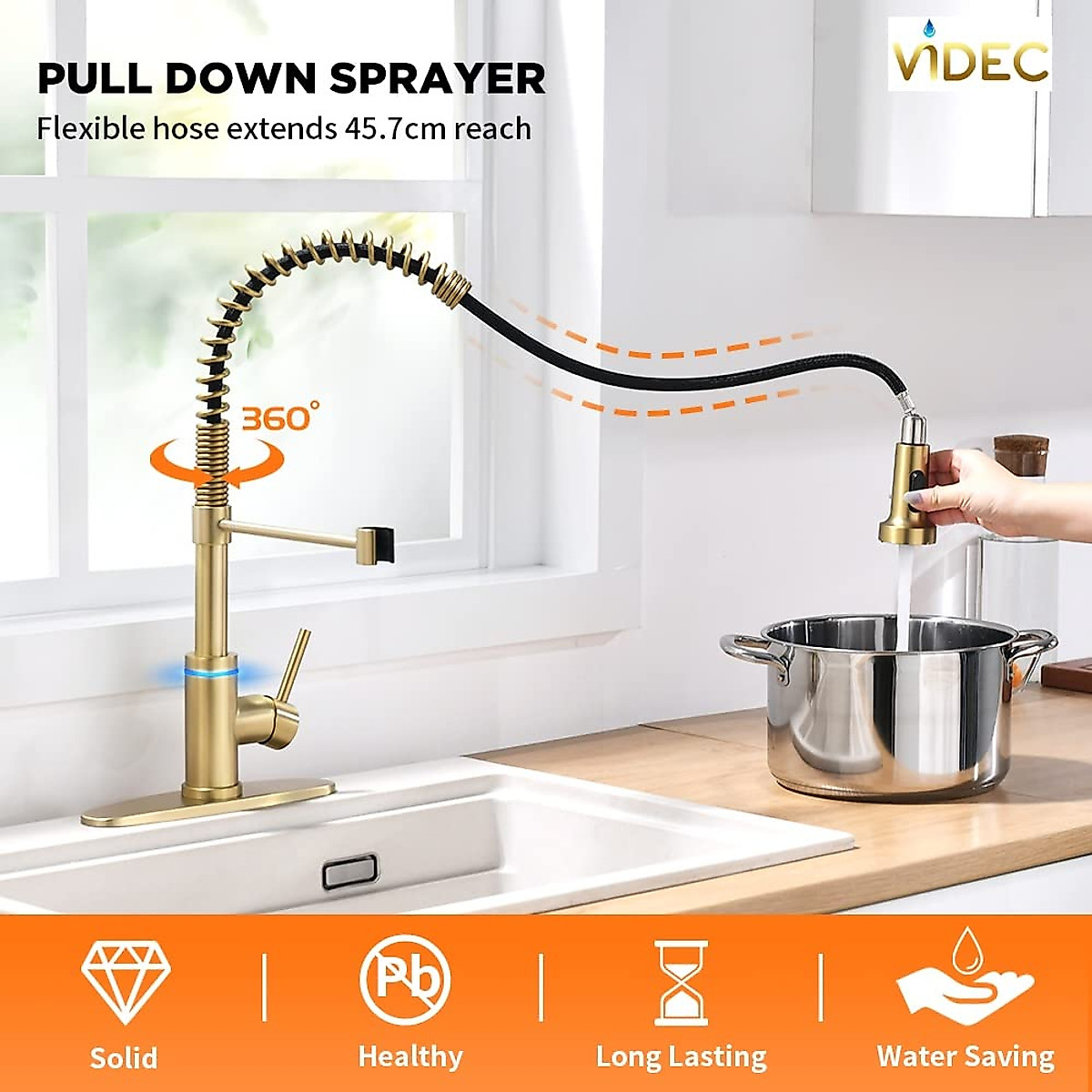 VIDEC Smart Kitchen Faucet, 3 Modes Pull Down Sprayer, Smart Touch On Sensor Activated, LED Temperature Control, 360-Degree Rotation, 1 or 3 Hole Deck Plate. (KW-66J, Brushed Gold, 17.90 Inches)