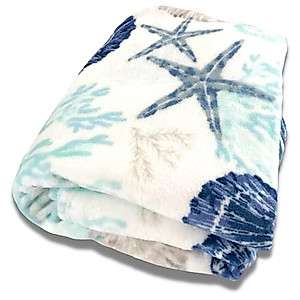 Ocean Life Coastal Throw Blanket: Soft Plush Velvet Fleece Calming Hues of Blues Beige on White, Accent for Sofa Couch Chair Bed or Dorm (Coastal Shells)