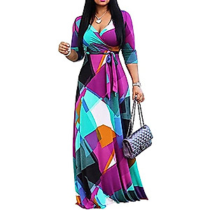 FANDEE Plus Size Maxi Dress for Women Summer Sundress V-Neck 3/4 Sleeve Multicoloured XX-Large