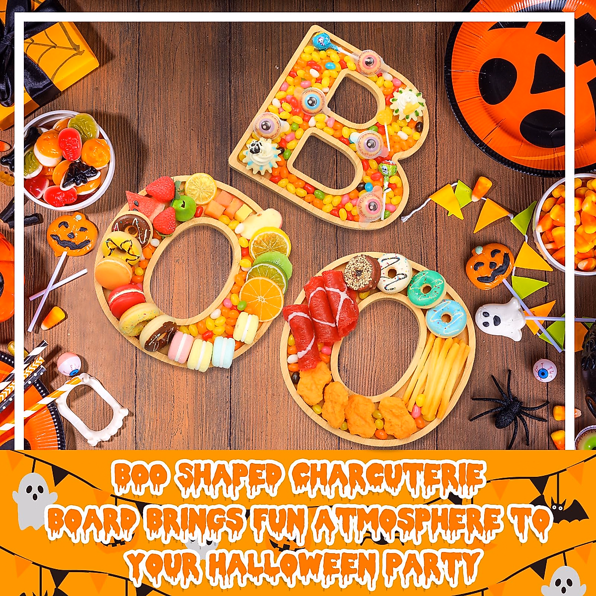 FillTouch Boo Wooden Charcuterie Letters Fillable Halloween Serving Tray Charcuterie Board Dish Decorative Cheese Platter for Snack Food Cake Cookies for Halloween Party