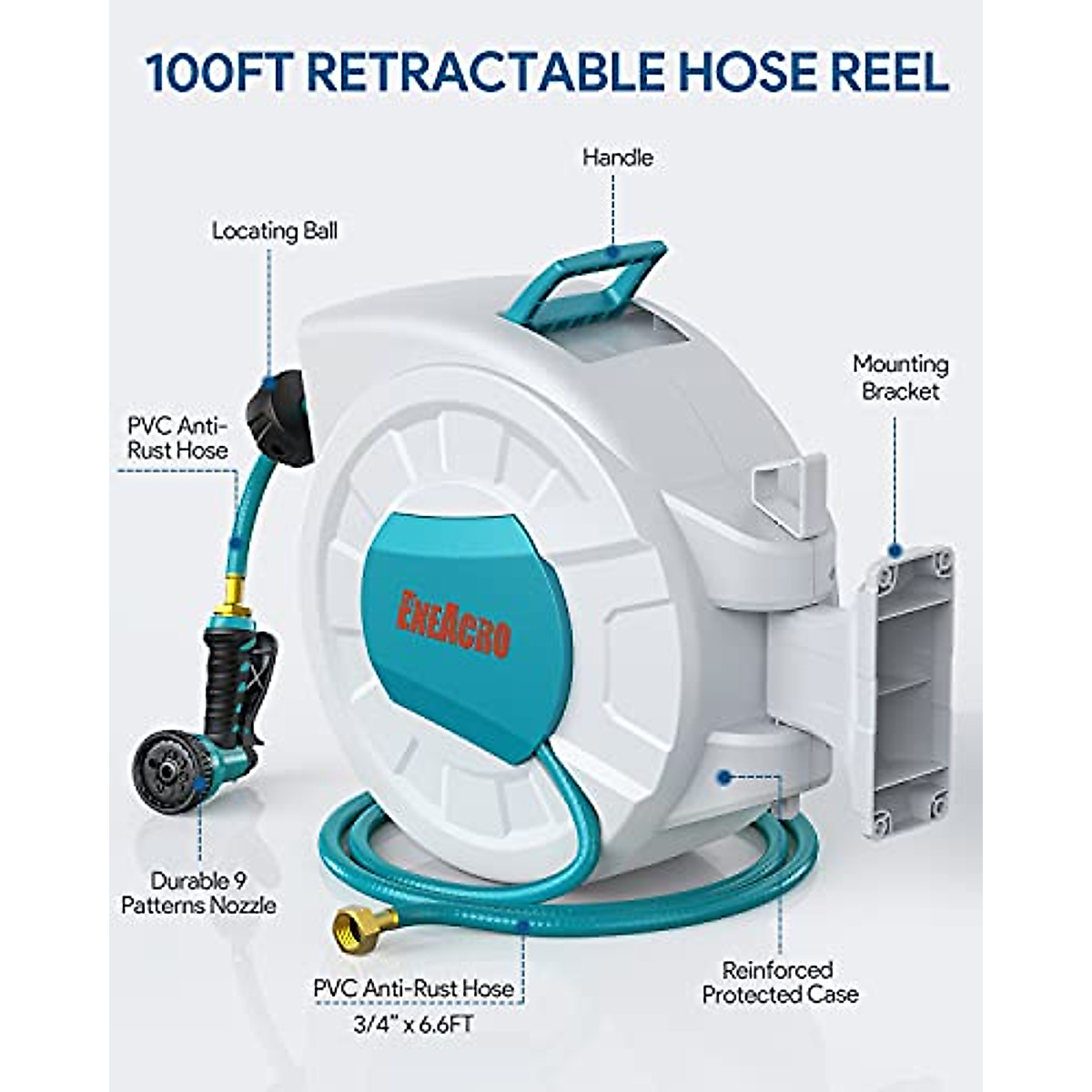 ENEACRO Retractable Garden Hose Reel with Wall Mount 1/2"×100ft with 9 Pattern Hose Nozzle, Brass Connector, Auto Rewind/Any Length Lock/ 180° Swivel Bracket, Ideal for Garden Watering