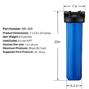 Geekpure 20 Inch Whole House Water Filter Housing 3/4" Port-Fit 4.5 x 20 Inch Filters (1)