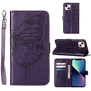 Moment Dextrad for iPhone 14 Wallet Case 2022,for iPhone 13 Wallet Case,[Kickstand][Wrist Strap][Card Holder Slots] Butterfly Floral Embossed PU Leather Flip Cover for iPhone 14/13 6.1 inch (Purple)