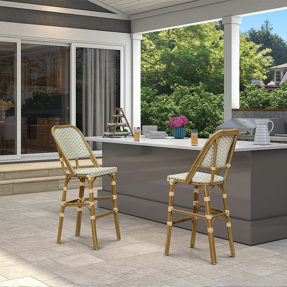 PURPLE LEAF French Bar Stool Set of 2 Outdoor Bar Patio Kitchen Counter Aluminum Frame Chair with Bamboo Print Finish Patio Bar Height Stool, Light Blue