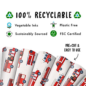 CENTRAL 23 Wrapping Paper For Boys - 6 Sheets Of Fun Birthday Gift Wrap - Fire Engine - Truck - Kids Wrapping Paper - Comes With Cute Stickers - Recyclable Christmas Wrapping Paper - Red White