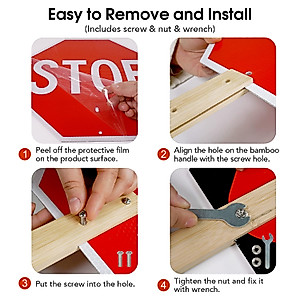 Stop Slow Sign with Bamboo Handle, 2-Pack 13" x 13" Double Sided Engineer Grade Aluminum Sign, Reflective,Sturdy, Easy to Assemble