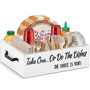 Kitchen Countertop Paper Plate Holders Utensil Caddy, Wood Utensil Holder Organizer for Plate Cup Fork Knives Spoon Napkin, Silverware Caddy Holder Condiment Caddy Organizer for Party Camping BBQ