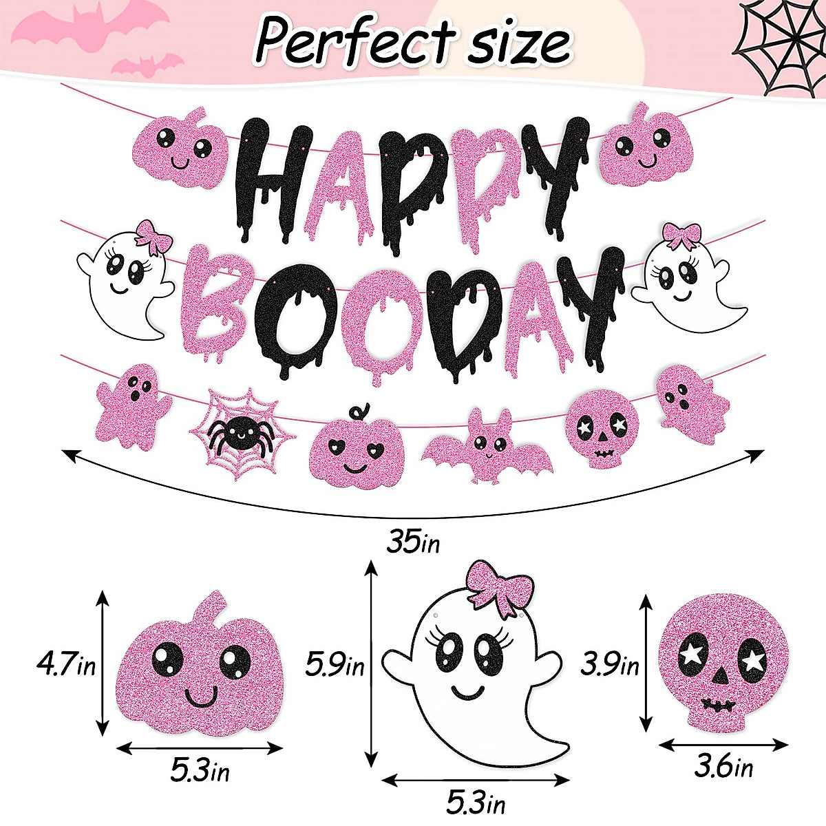 Happy Boo Day Banner Pink Black Halloween Ghost Bat Little Boo Themed for Girl Halloween Happy Boo Day Baby Shower Party Supplies Glitter Halloween Decorations