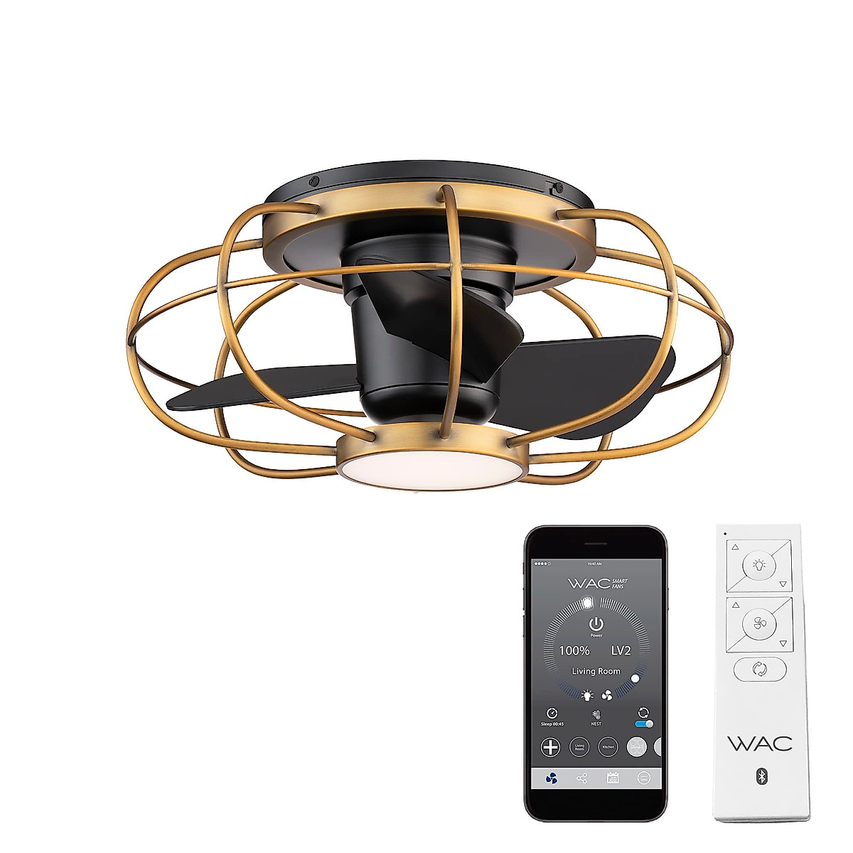 WAC Smart Fans Aella Indoor and Outdoor 3-Blade Caged Flush Mount Smart Home Ceiling Fan 22in Aged Brass Matte Black with 3000K LED Light Kit and Remote Control works with Alexa and iOS or Android App