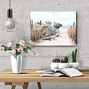Beach Canvas Wall Art for Bathroom Ocean Pictures Seaside Bicycle Canvas Print Seascape Painting Framed Teal Aqua Blue Calming Shoreside Artwork for Modern Coastal Themed Lake Home Bedroom Décor Ready to Hang 12x16inch
