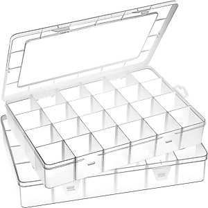LZLMQSSA Large 24 Grids Plastic Organizer Box Adjustable Dividers,Clear Storage Box for Jewelry, Art DIY Crafts, Fishing Tackles, Beads and Small Parts(2 Pack)